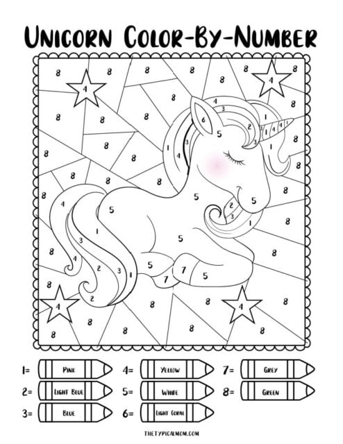 Unicorn Color by Number Printables - PDF Unicorn Coloring Pages