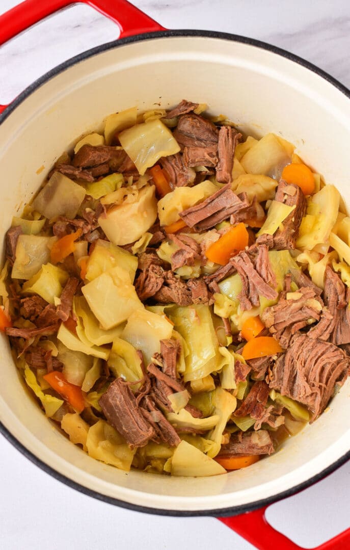 Healthy Cabbage Stew Recipe with Beef in Dutch Oven on Stove