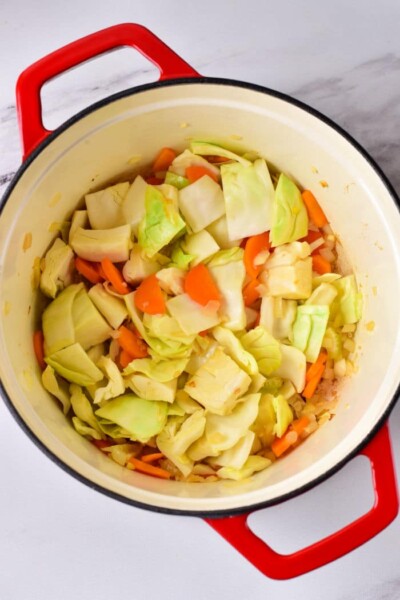 Healthy Cabbage Stew Recipe with Beef in Dutch Oven on Stove