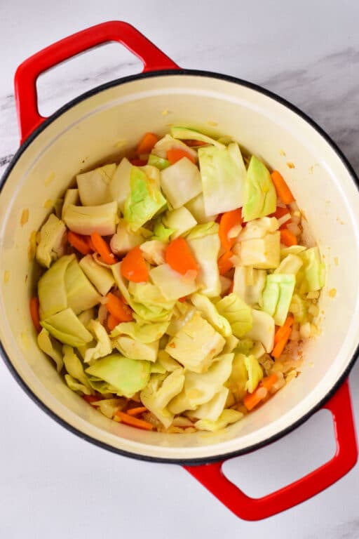 Healthy Cabbage Stew Recipe with Beef in Dutch Oven on Stove