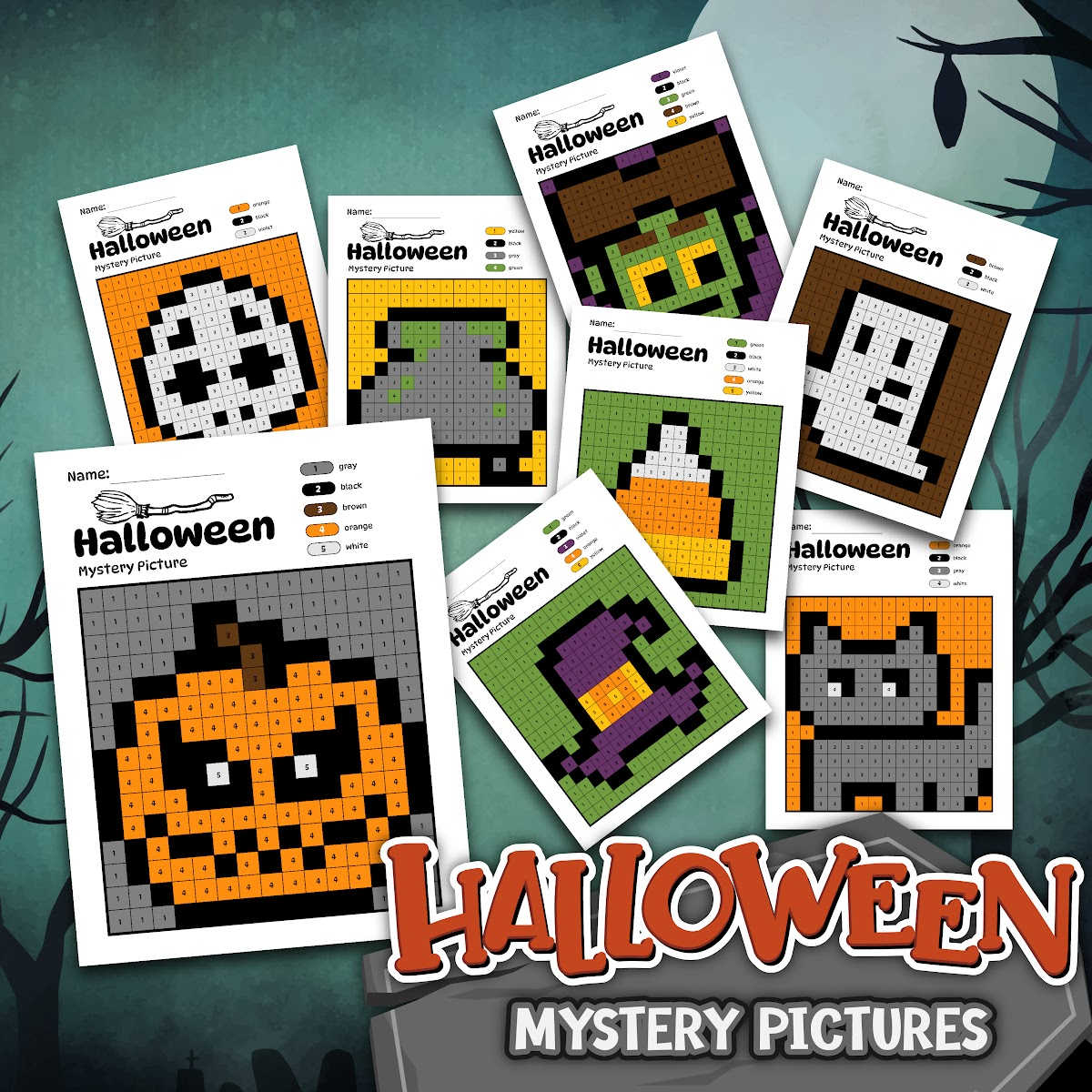 Free Halloween Color by Number - Halloween Pixel Art PDF Pages